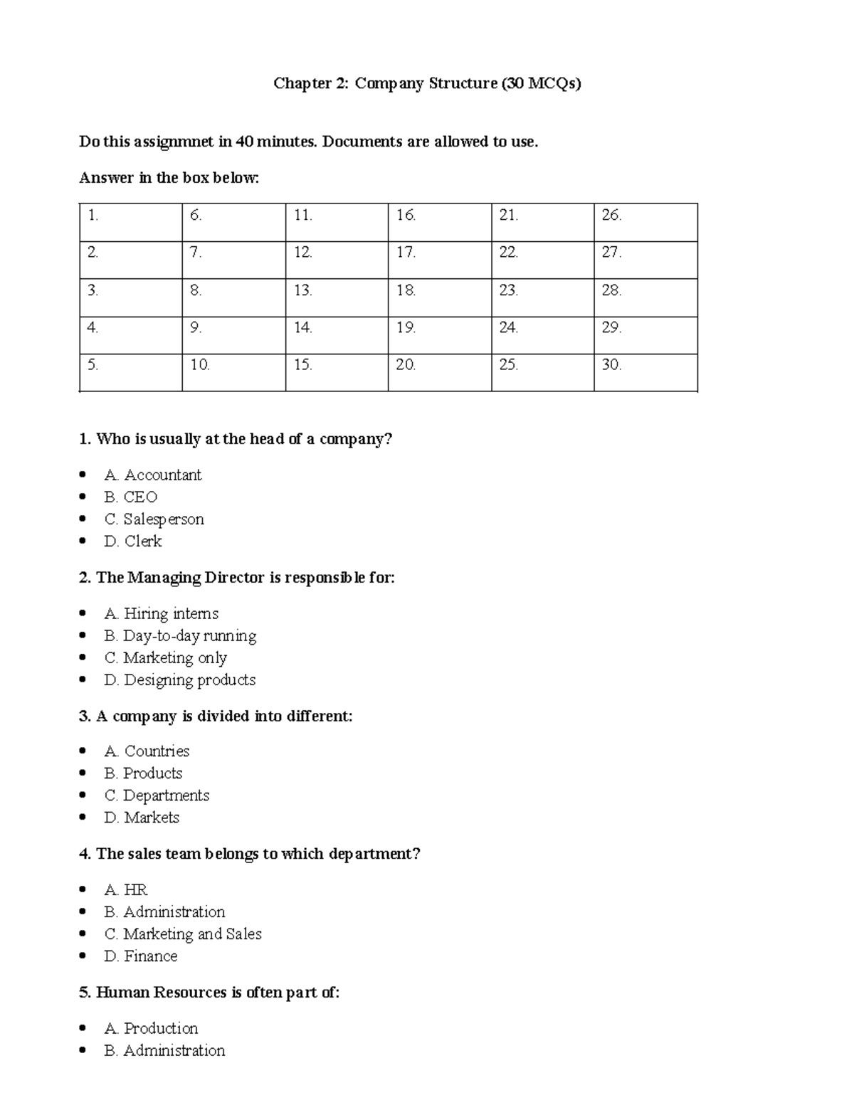 Chapter 2: Company Structure - 30 MCQs for Review - Studocu