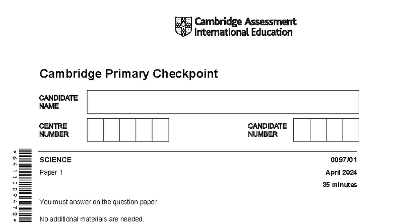 Cambridge Primary Science Checkpoint April 2024 Paper 1 - Studocu