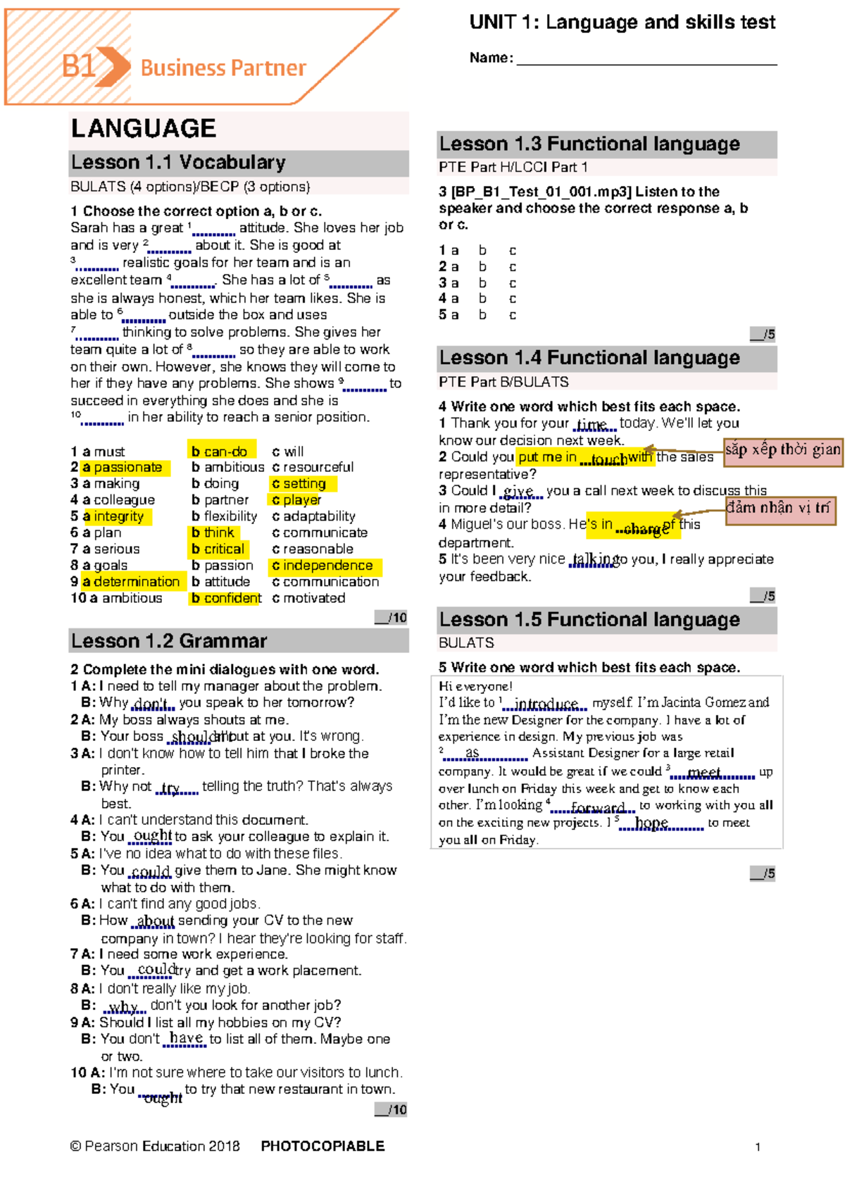 BP B1 Unit 1 Language & Skills Test (Revised Version) - Studocu