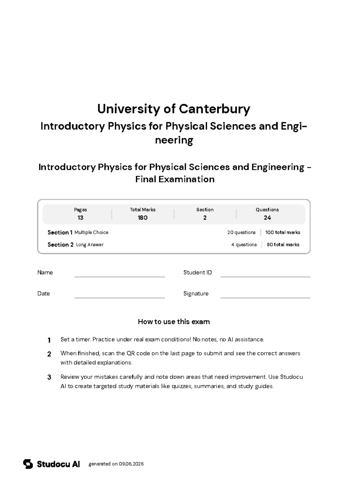 Introductory Physics for Physical Sciences - Final Exam - Studocu