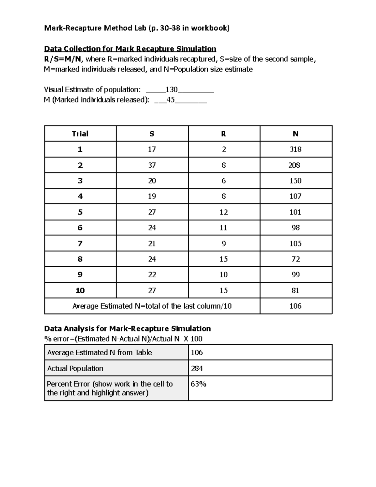 Mark-Recapture Method Lab: Data Analysis & Application Details - Studocu