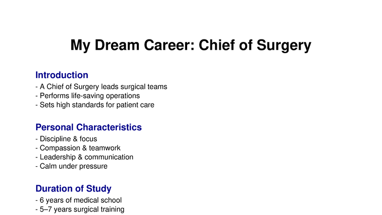 Career Day Poster Chief of Surgery - My Dream Career: Chief of Surgery ...