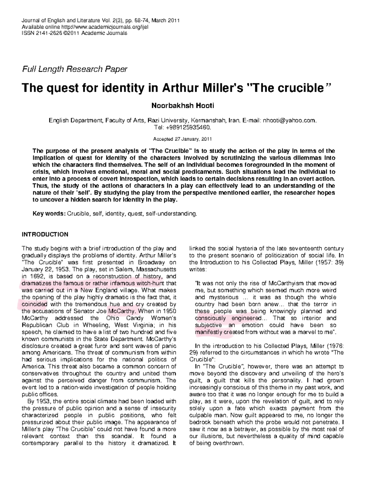 The Quest for Identity in Arthur Miller's The Crucible: A Study - Studocu