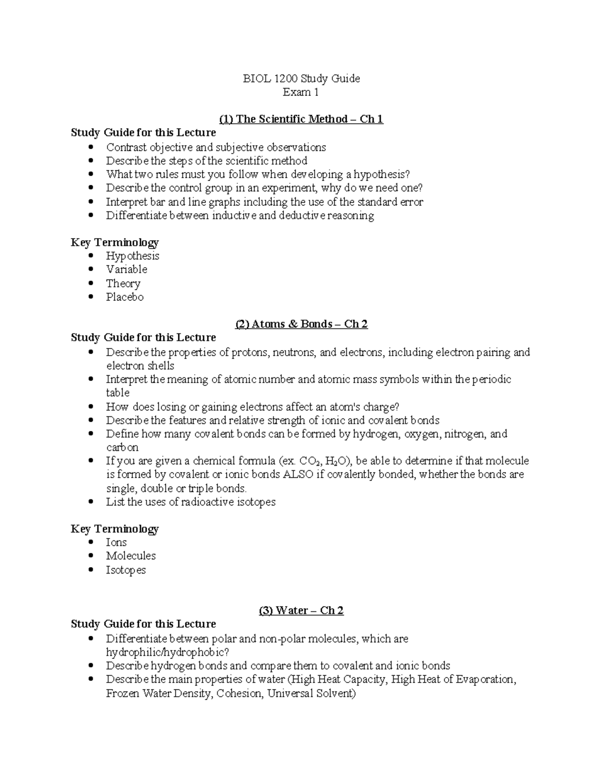 BIOL 1200 Exam 1 Study Guide: Scientific Method & Macromolecules - Studocu