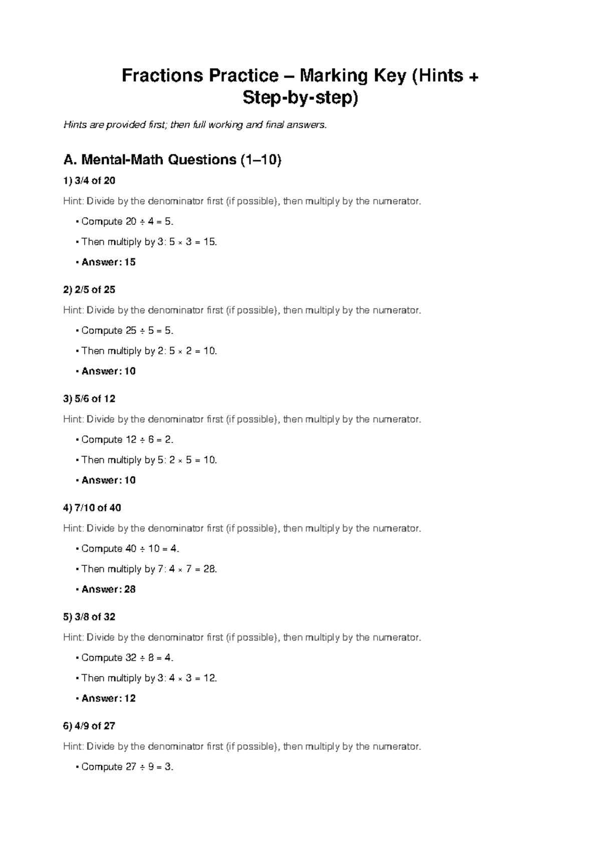 Fractions Practice Marking Key: Hints & Solutions for Exercises - Studocu