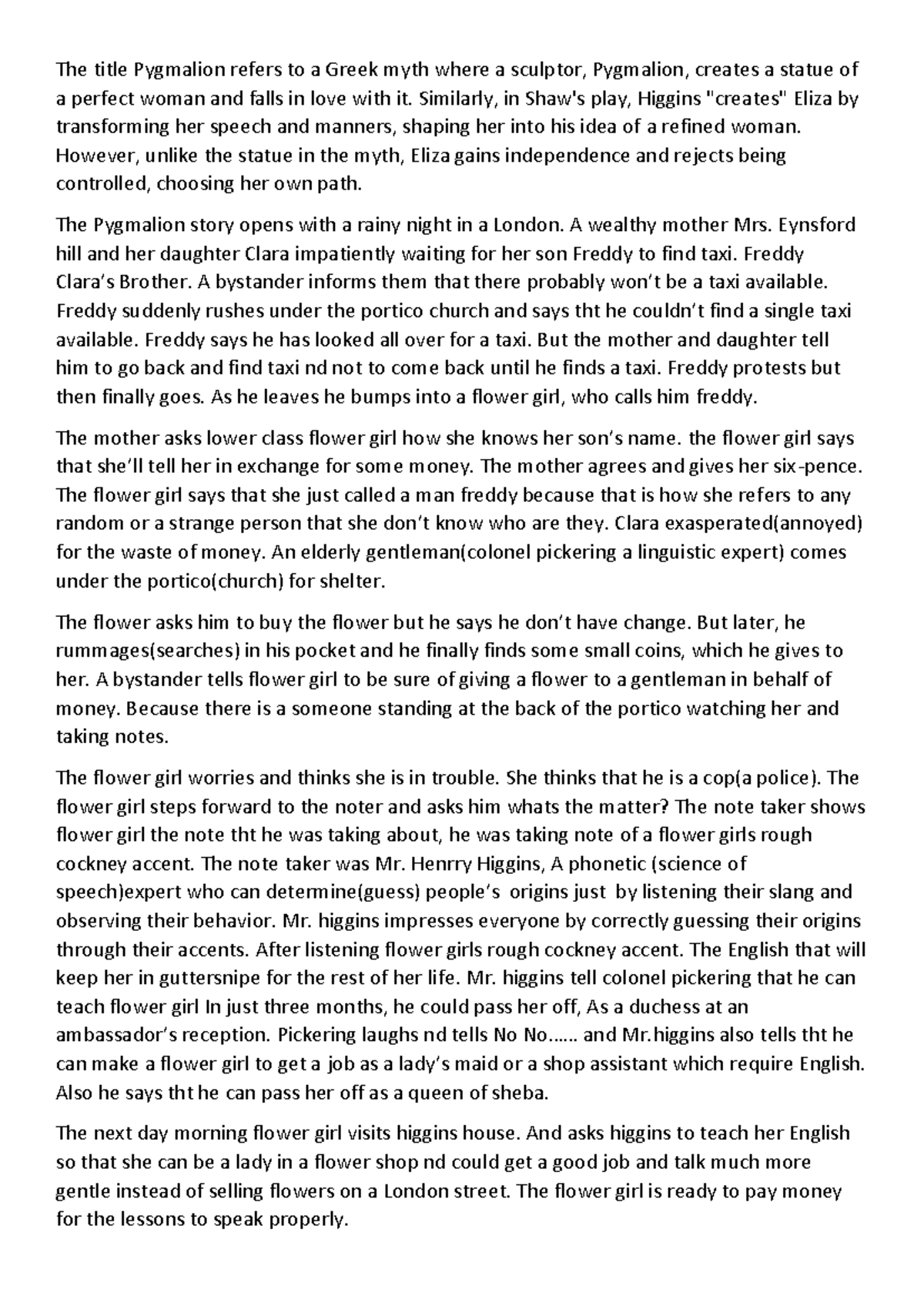 Pygmalion Analysis: Eliza Doolittle's Transformation & Independence ...