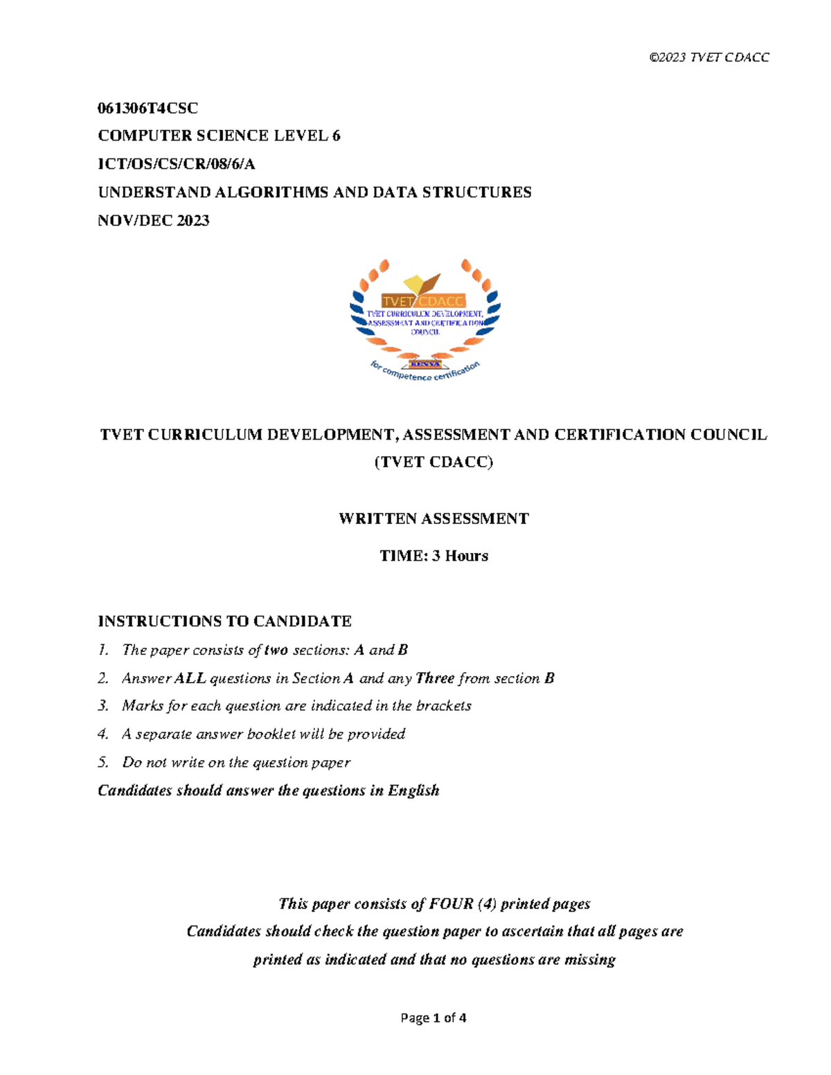 TVET CDACC 061306T4CSC Computer Science Level 6: Algorithms & Data ...