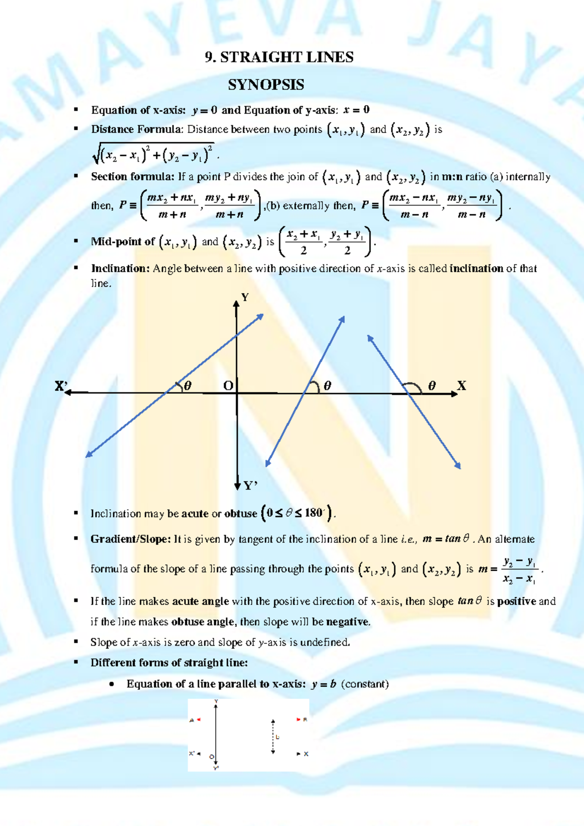 9. Straight Lines - 9. STRAIGHT LINES SYNOPSIS Equation of x-axis: y ...