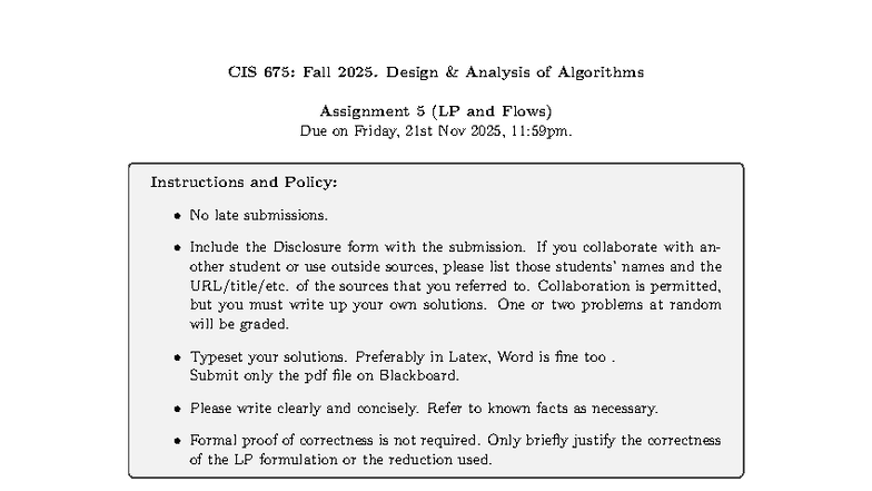 CIS 675: Fall 2025 - Assignment 5 on LP and Flows Analysis - Studocu
