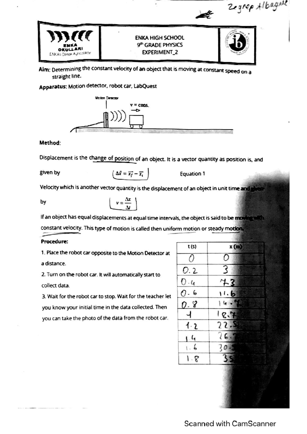 ENKA 9th GRADE PHYSICS Experiment 2: Constant Velocity Determination - Studocu