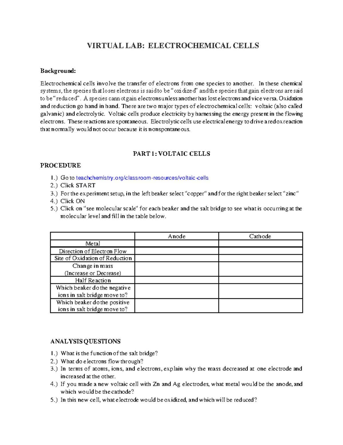 Virtual LAB - Electrolysis - VIRTUAL LAB: ELECTROCHEMICAL CELLS ...