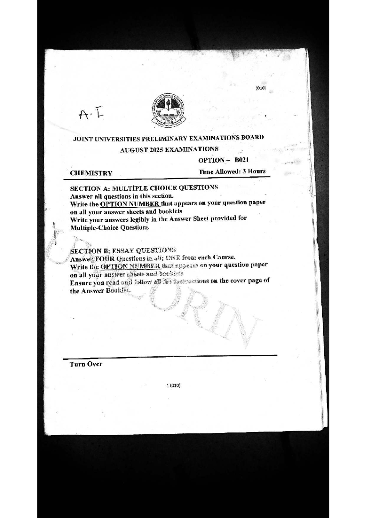 2025 JUPEB Chemistry Preliminary Exam Questions (Option B021) - Studocu
