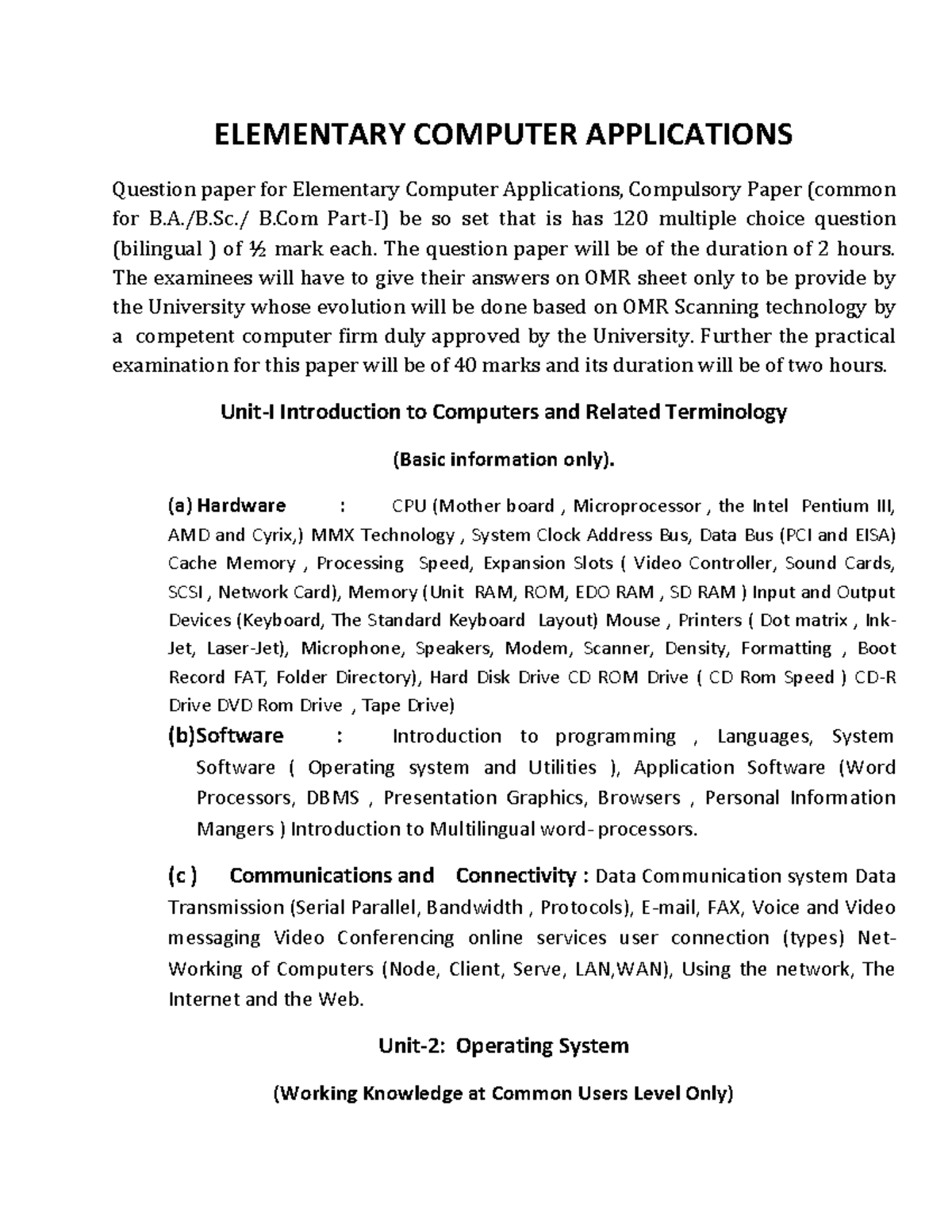 Elementary Computer Applications Syllabus - B.A./B.Sc./B.Com Part-I ...