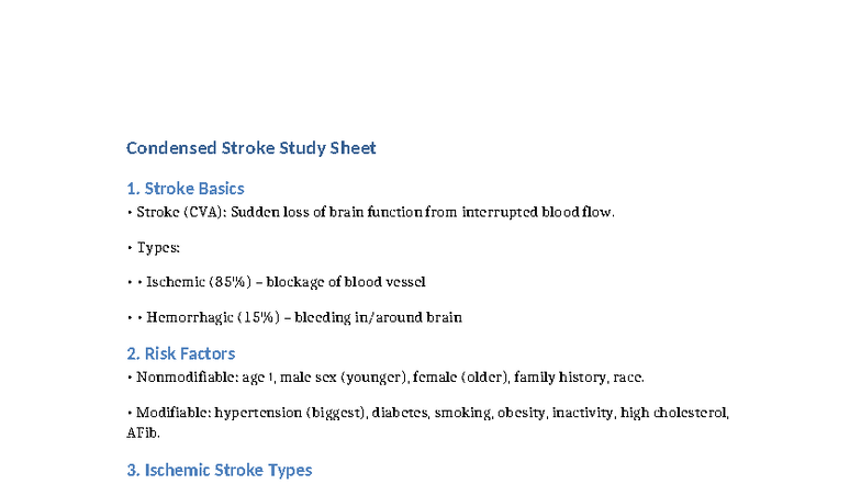 Condensed Stroke Study Sheet: Key Concepts & Management - Studocu