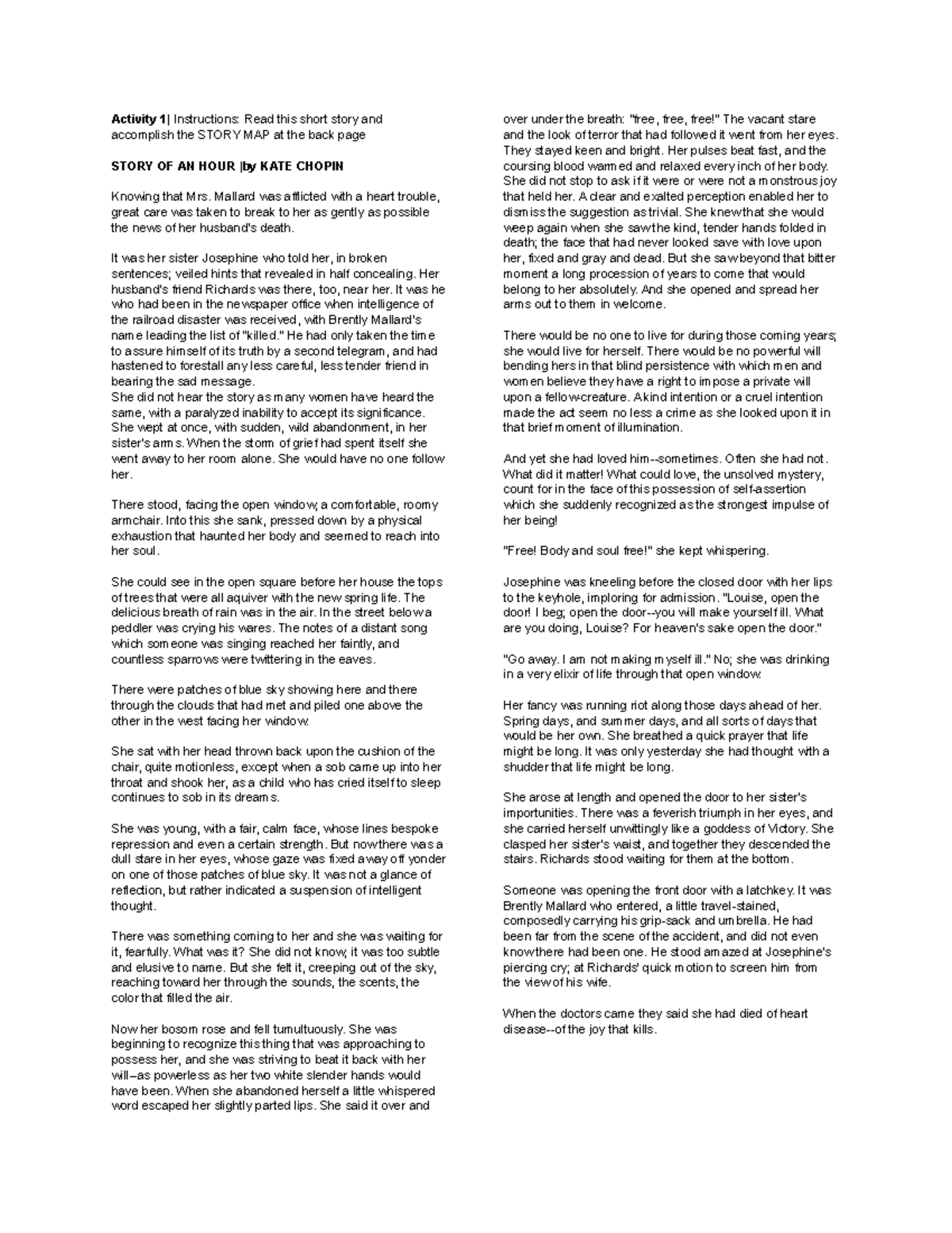 Activity 1-Story of an hour - Activity 1| Instructions: Read this short ...