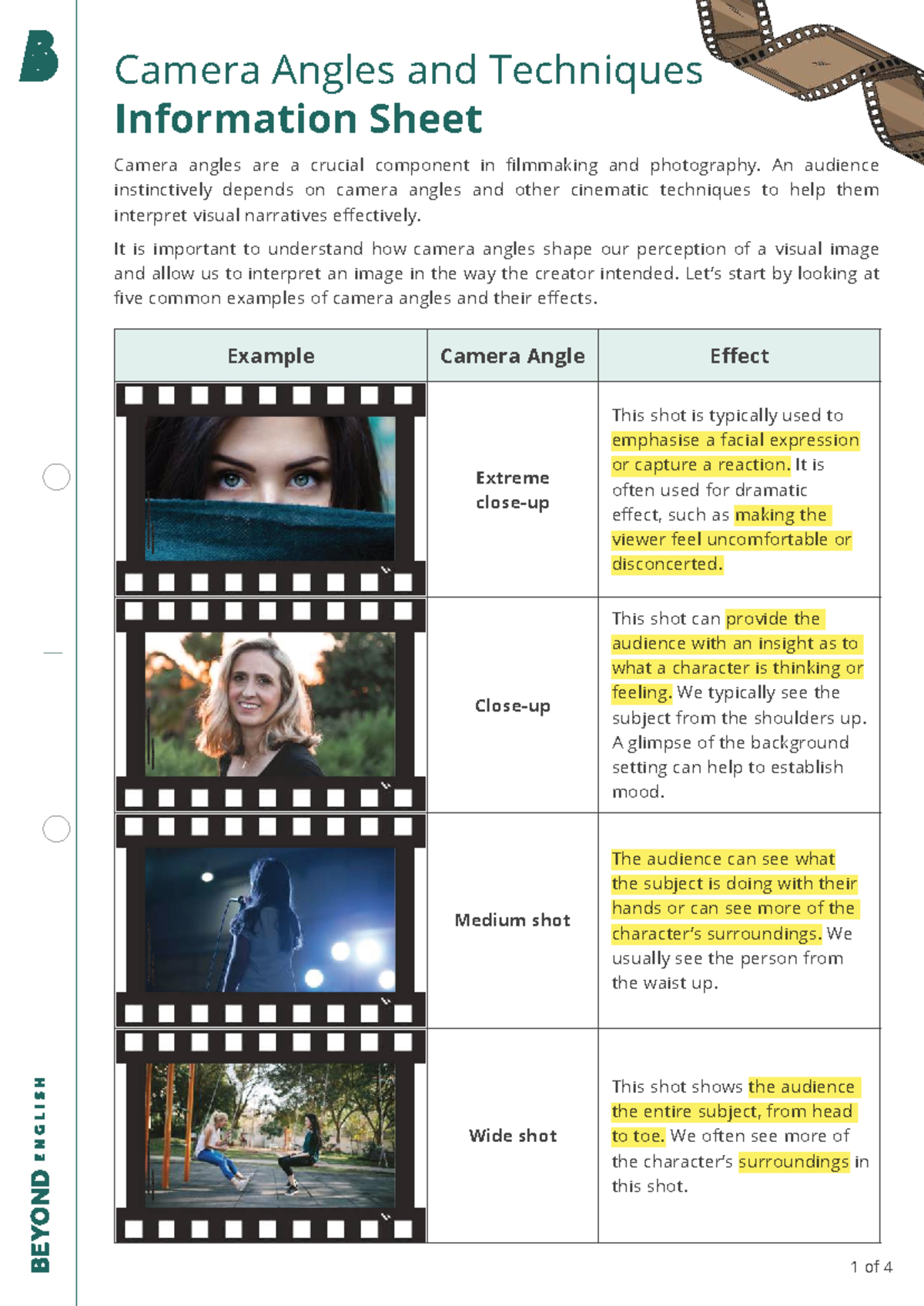 Camera Angles & Techniques Overview for Filmmaking - Studocu