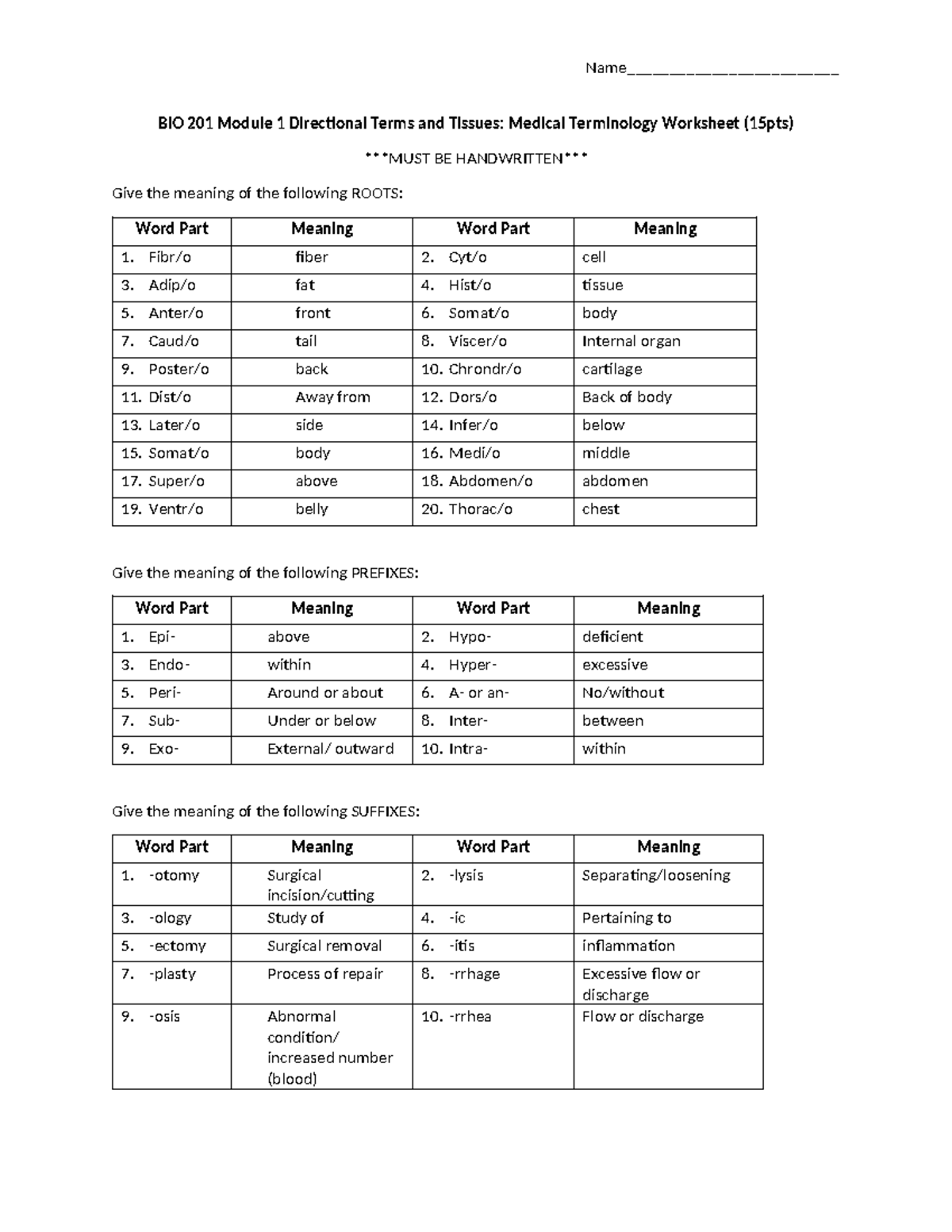 BIO 201 Module 1 Medical Terminology Worksheet: Directional Terms ...