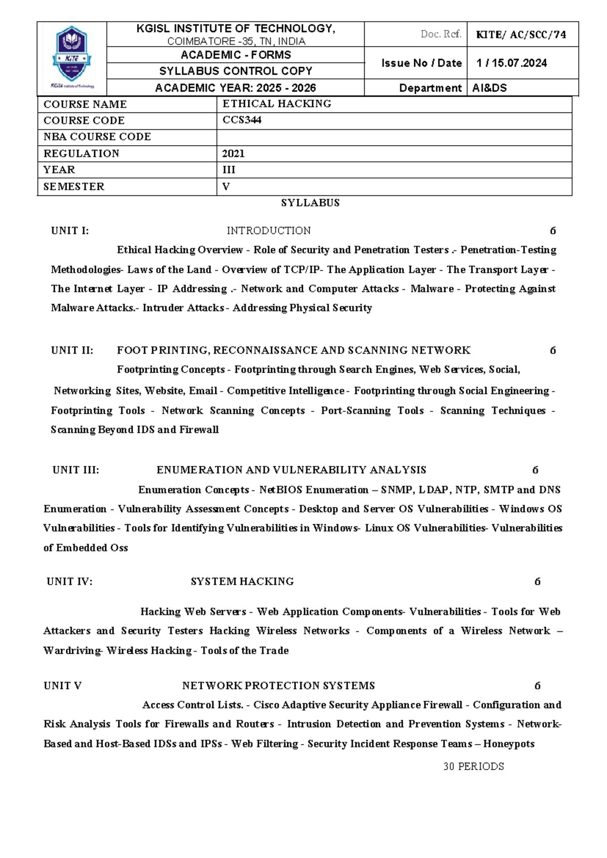 Ethical Hacking Syllabus CCS344 - KGISL Institute 2025-2026 - Studocu