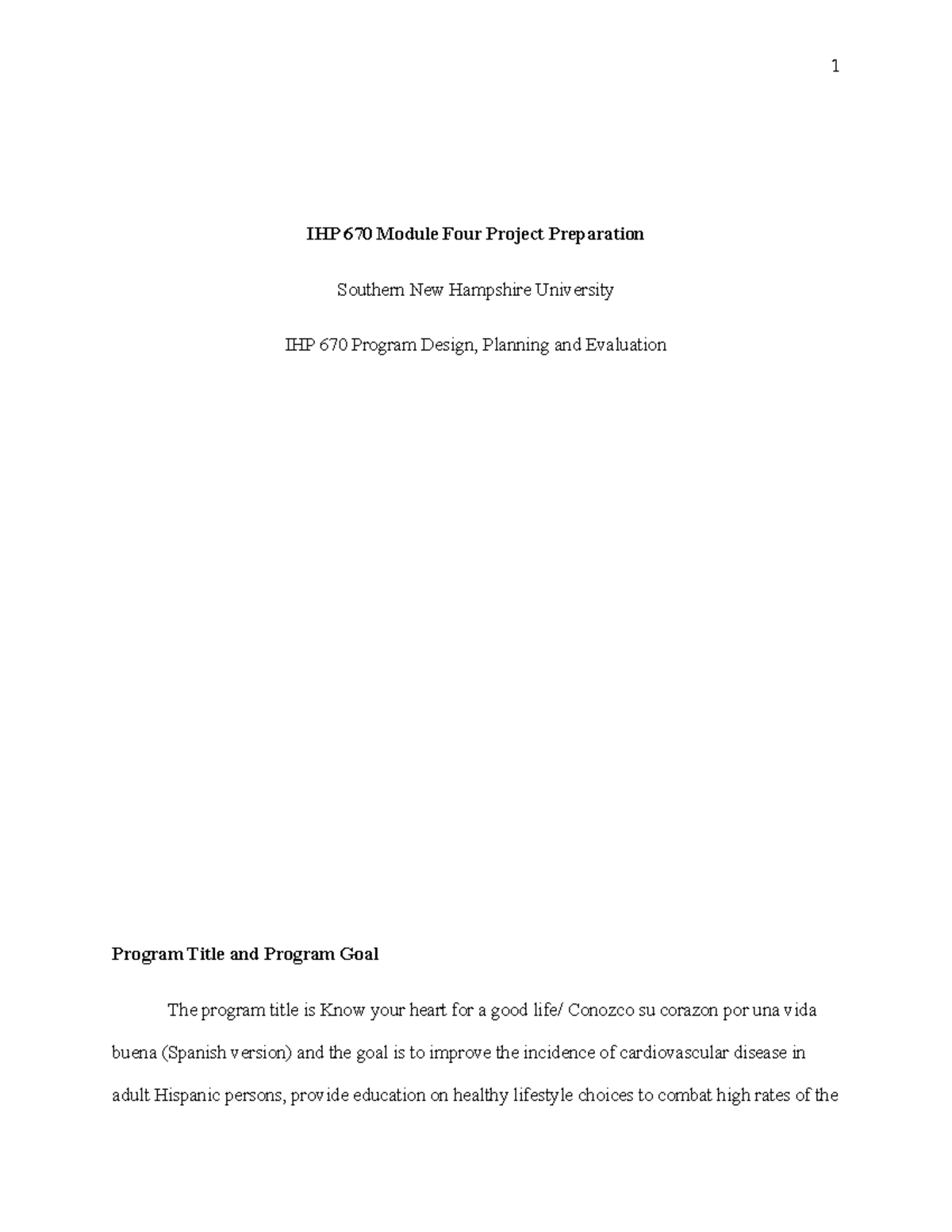 IHP 670 Module Four Project: Know Your Heart Program Design - Studocu