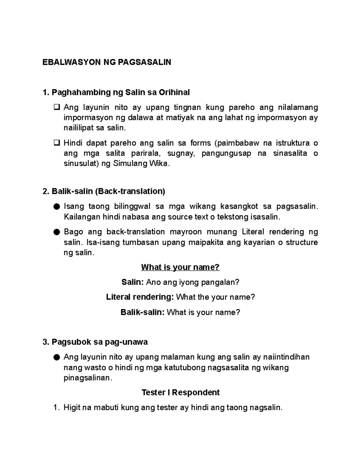 Ebalwasyon ng Pagsasalin: Mga Teknik at Layunin sa Pagsasalin - Studocu