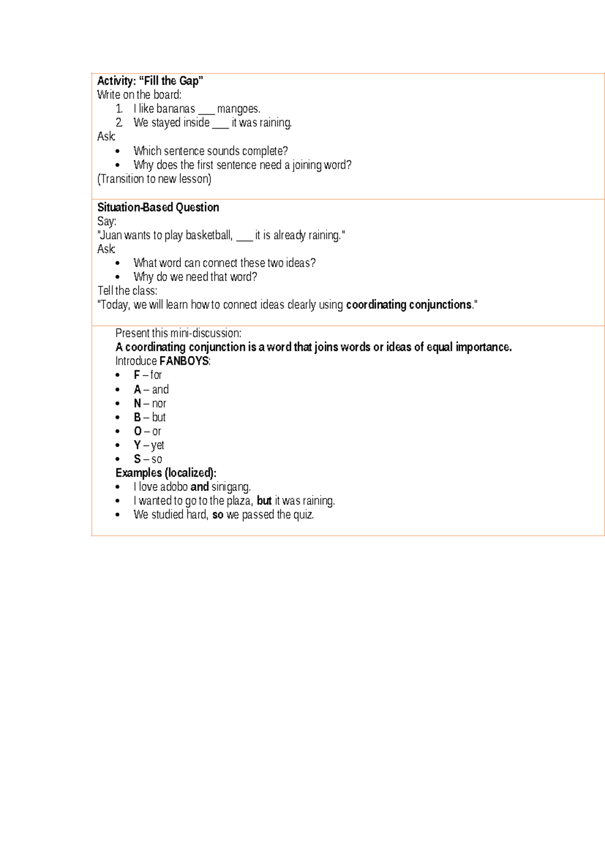 Activity: Coordinating Conjunctions Lesson in English - Studocu