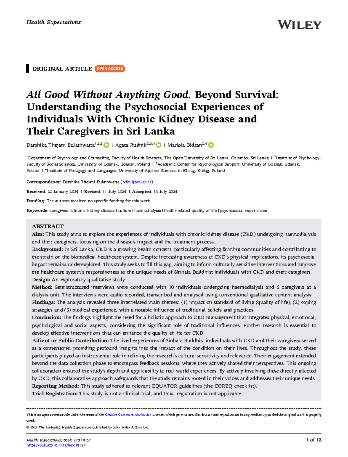 Psychosocial Experiences of CKD Patients and Caregivers in Sri Lanka: A ...