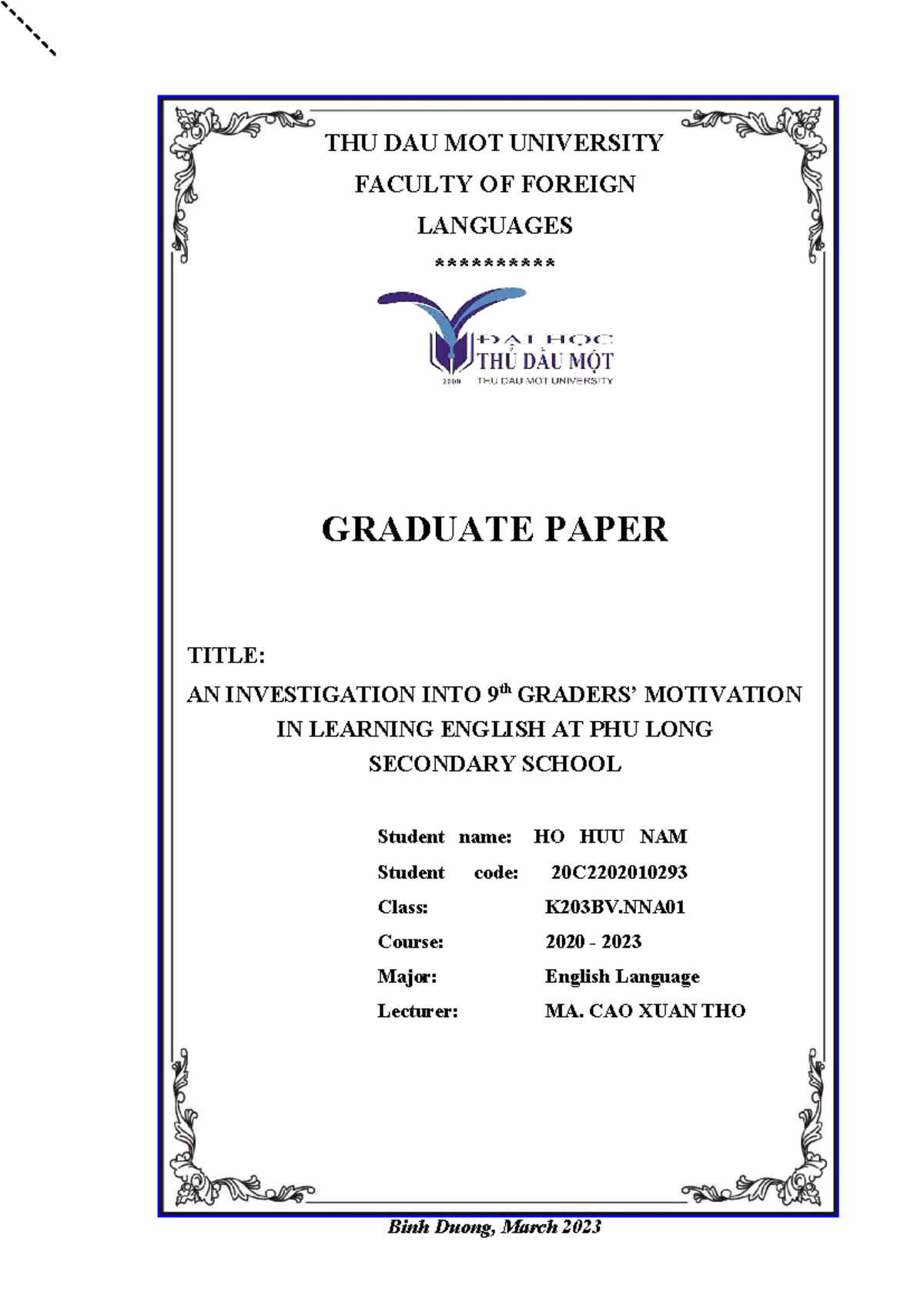 0 Huu Nam Graduate report - 23 03 2023 - THU DAU MOT UNIVERSITY FACULTY ...