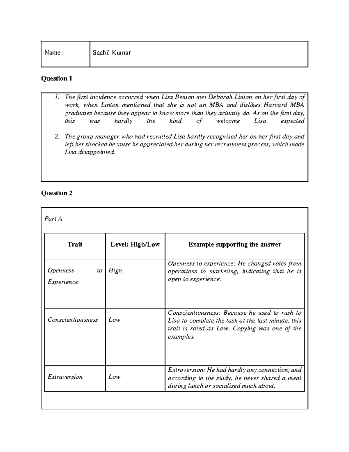 Saahil Kumar Lisa Benton - Name Saahil Kumar Question 1 The first ...
