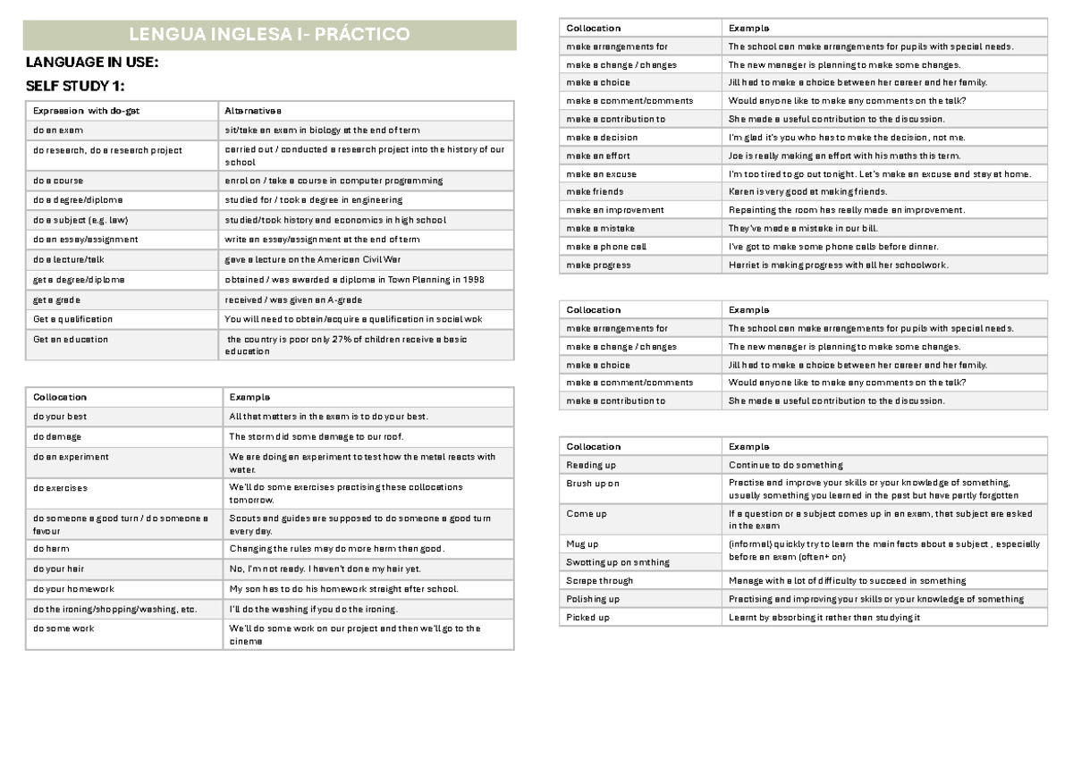 LENGUA INGLESA I - Vocabulary Collocations and Expressions Guide - Studocu