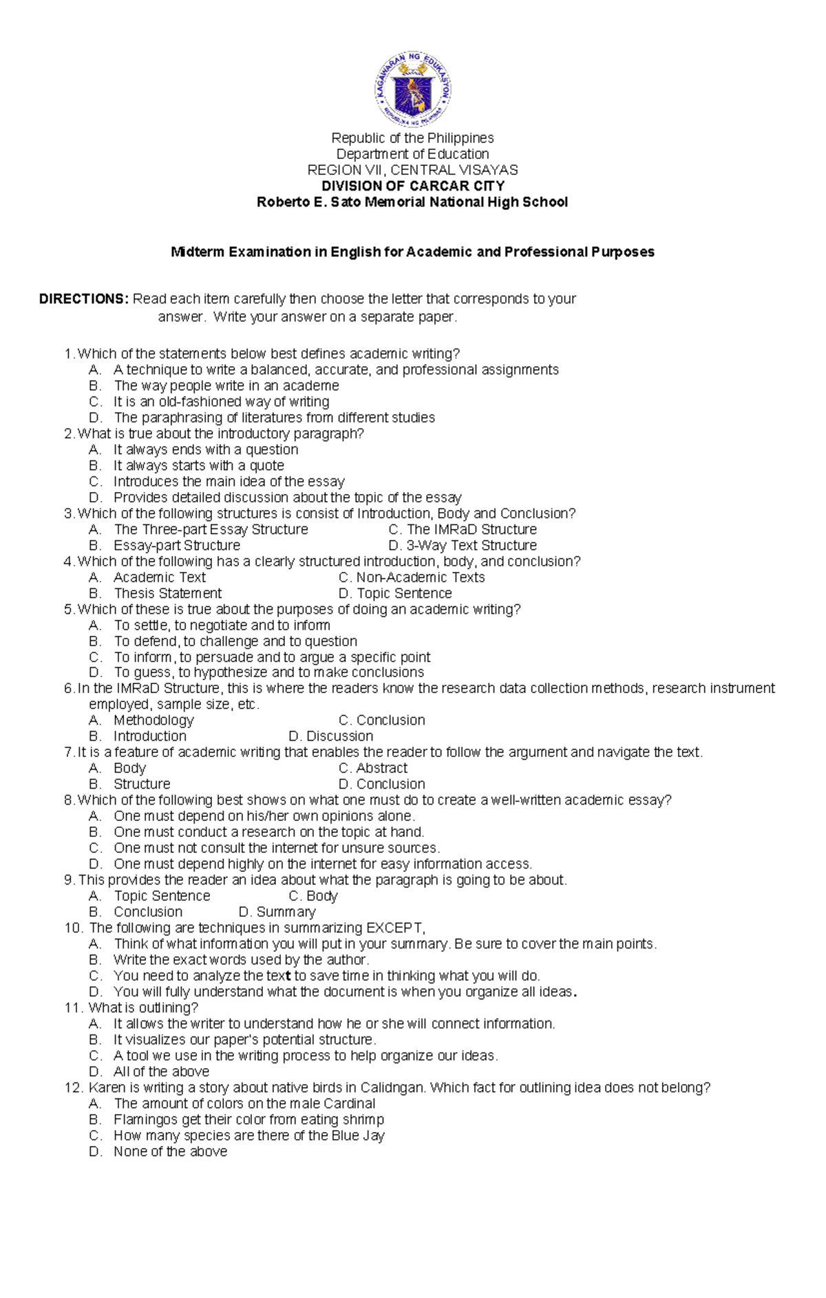 EAPP 101 Midterm Exam Review: Academic Writing Essentials - Studocu