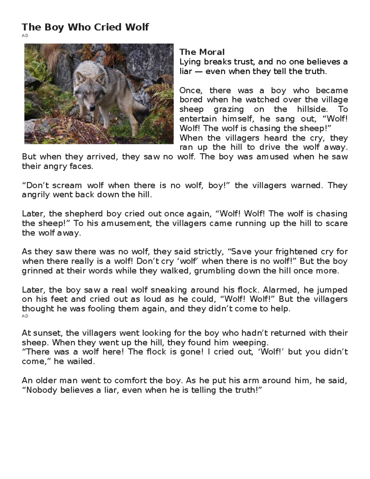 The Boy Who Cried Wolf - A Moral Lesson on Trust and Truth - Studocu