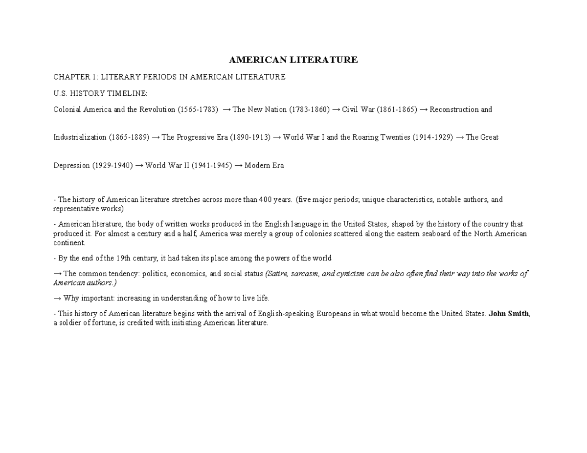 AMERICAN LITERATURE CHAPTER 1: LITERARY PERIODS AND THEMES - Studocu