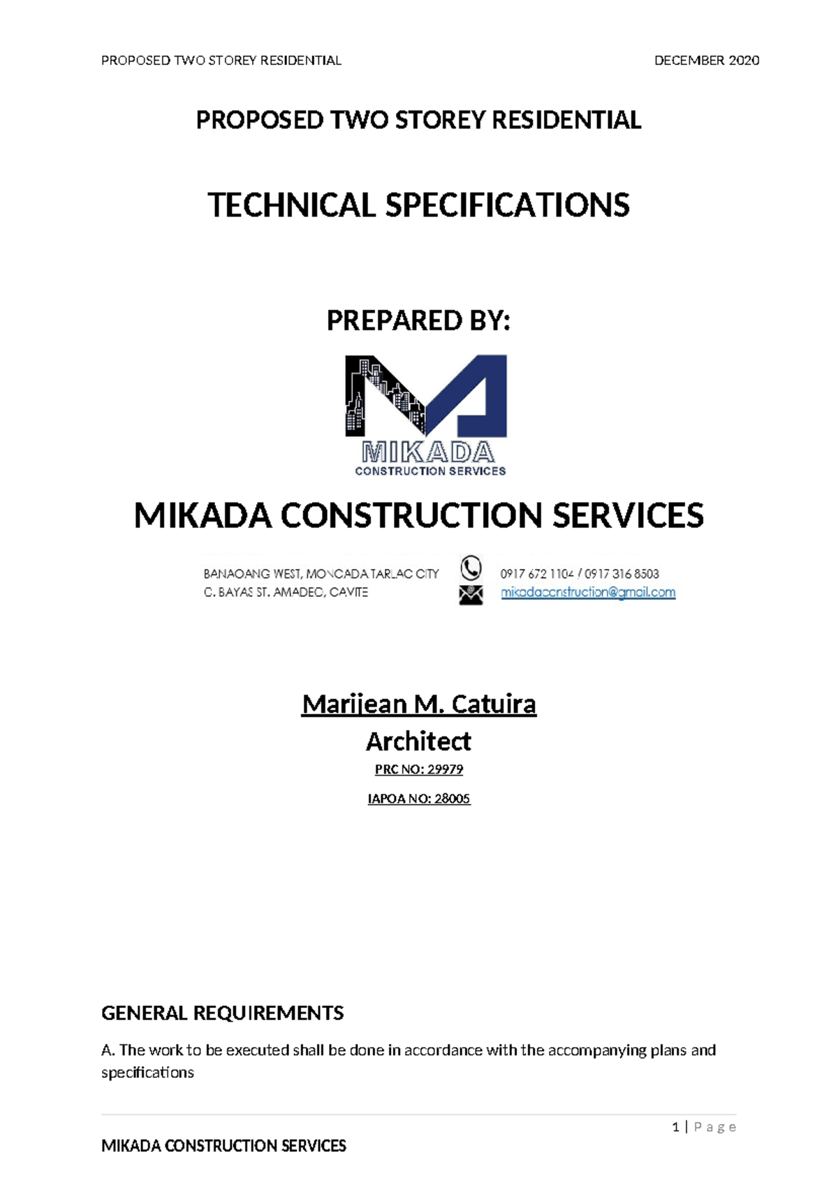 Technical Specifications for Proposed Two Storey Residential Project ...