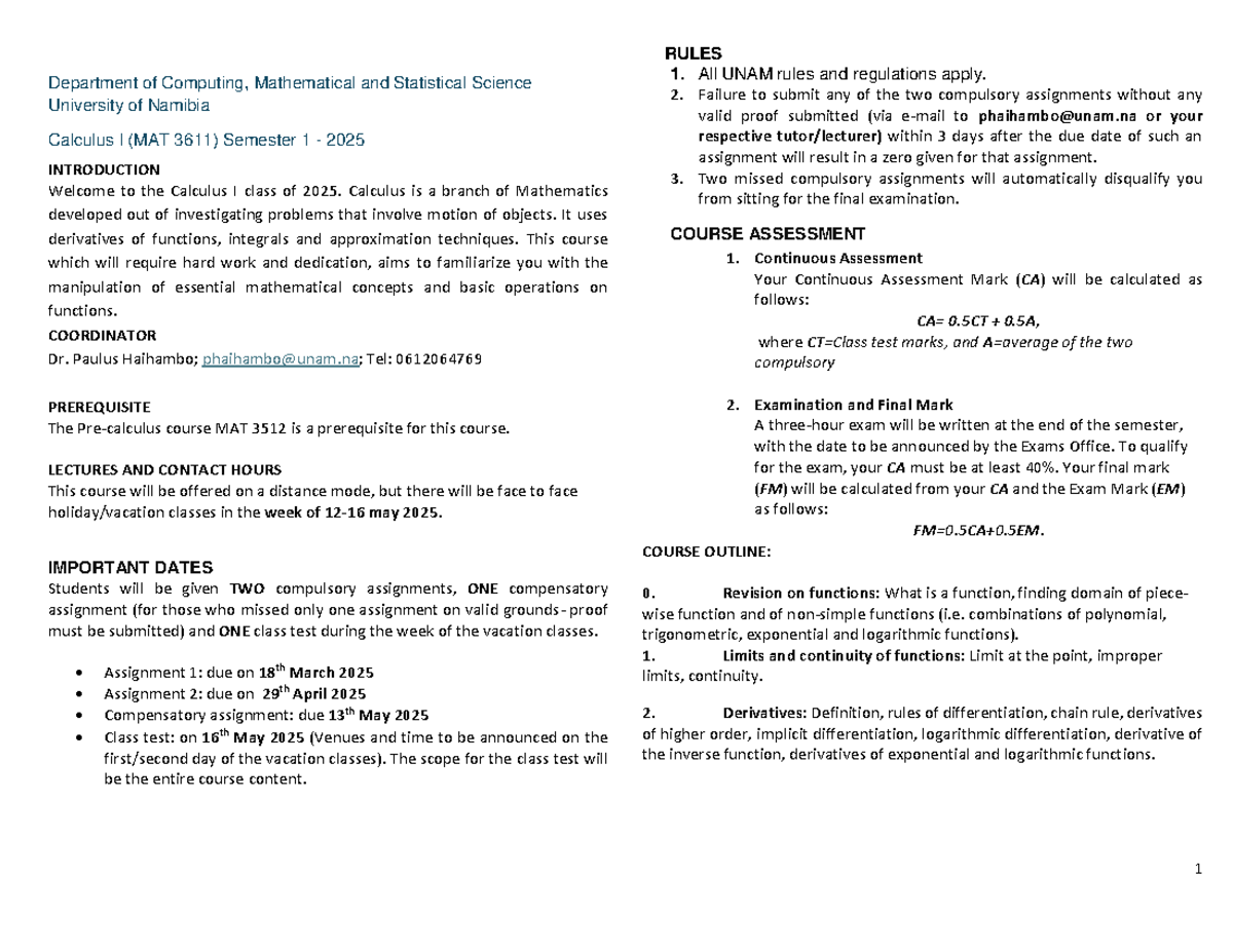 Culculus 1 (OLD Curriculum) MAT3611 Course Outline - 1 Department of ...