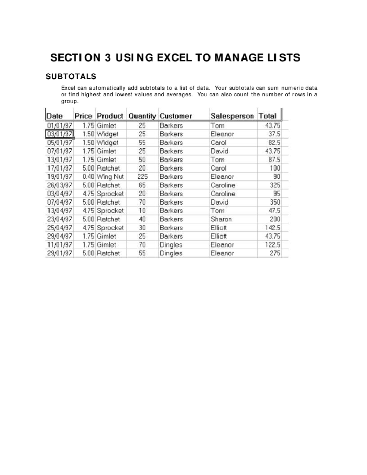Managing Excel Lists: Subtotals and Data Organization (Course Code ...
