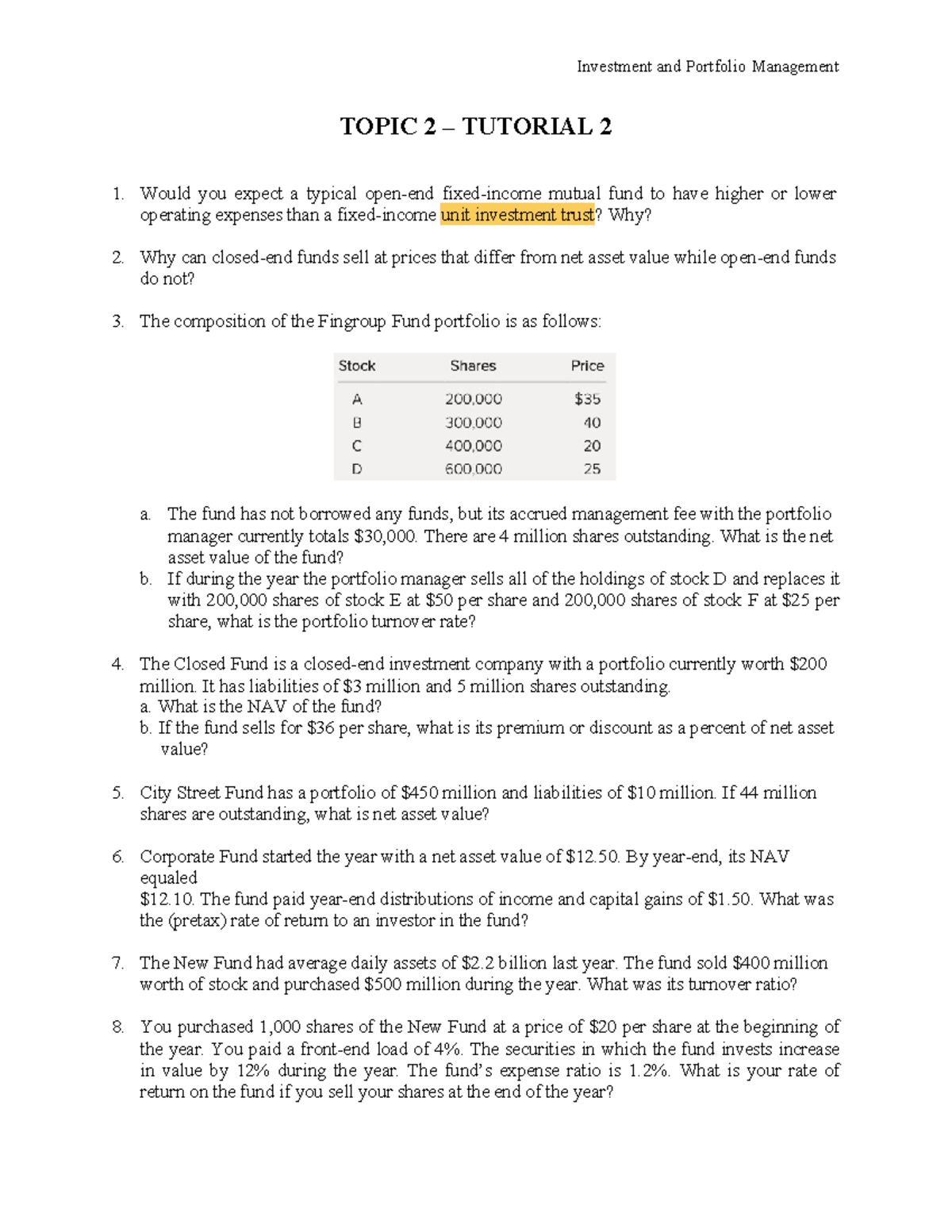 IPM Tutorial 2 - Sample Final Exam 1 - Investment and Portfolio ...