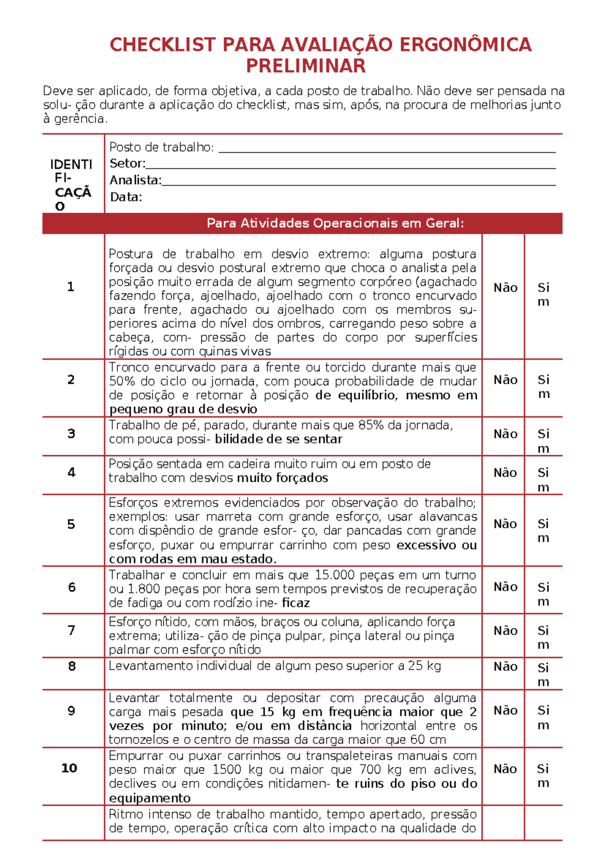 Checklist para AEP - Análise Ergonômica Preliminar (30 a 75 caracteres ...
