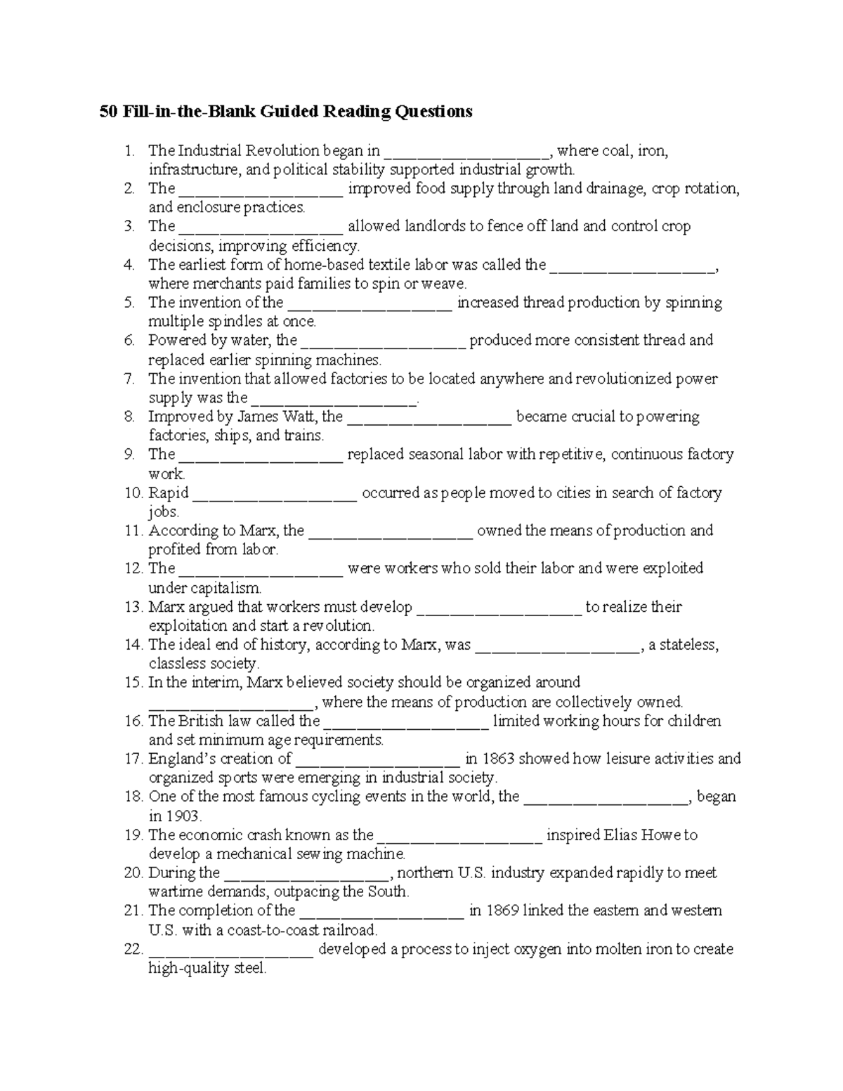 Fill-in-the-Blank Questions on the Industrial Revolution (HIST 101 ...