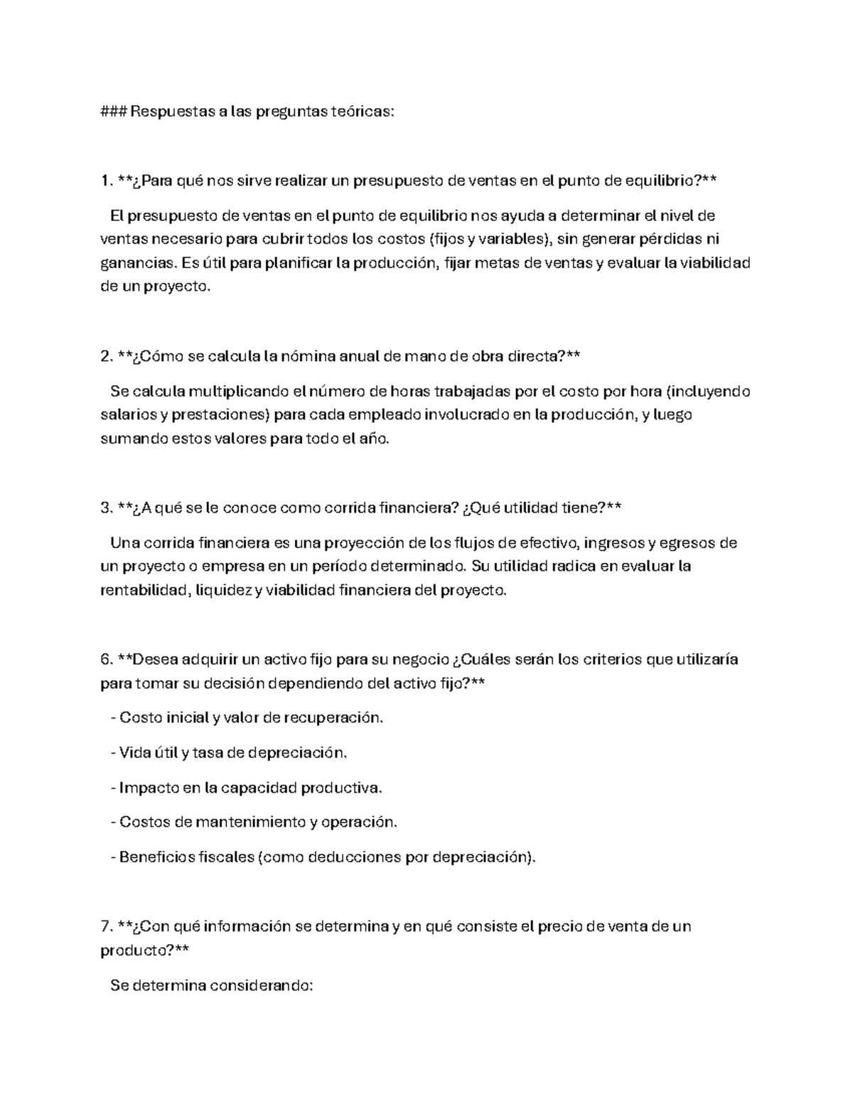 Costos teoria - Guia para 2do examen parcial - Respuestas a las preguntas teóricas: ¿Para qué ...