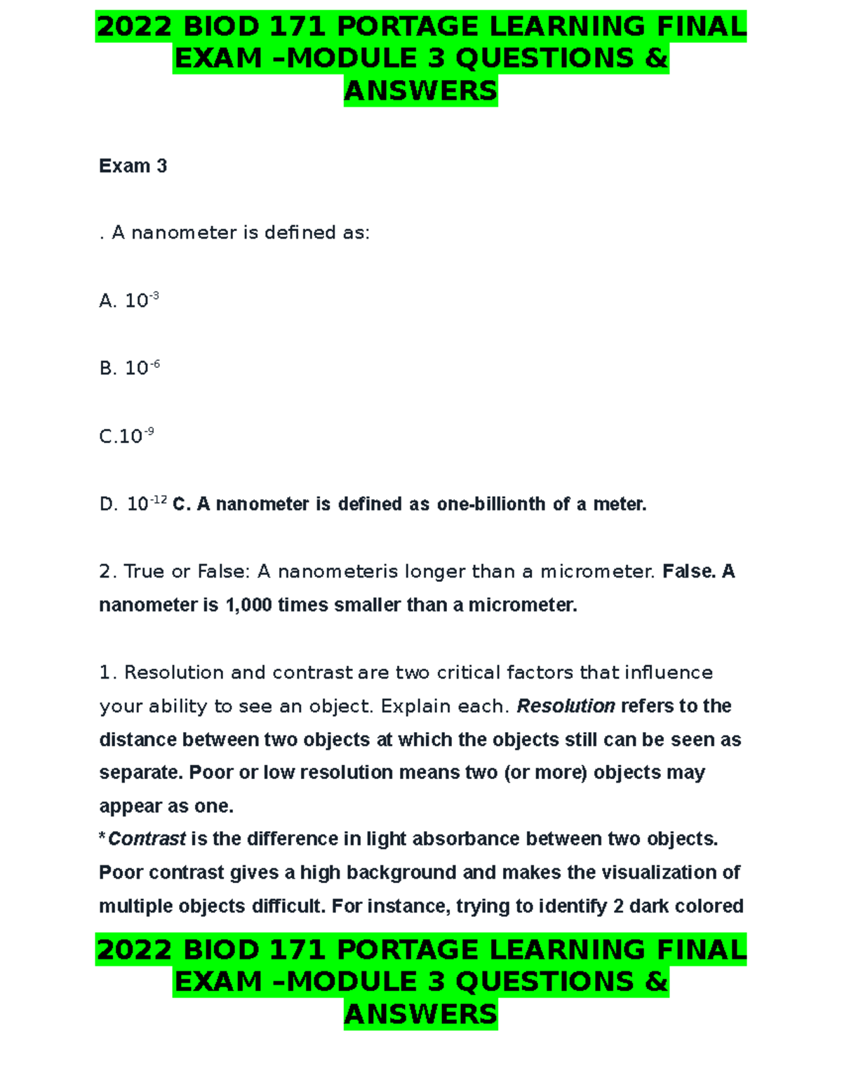 Bio 171 Module 3 exam - EXAM –MODULE 3 QUESTIONS & ANSWERS Exam 3 . A nanometer is defined as ...