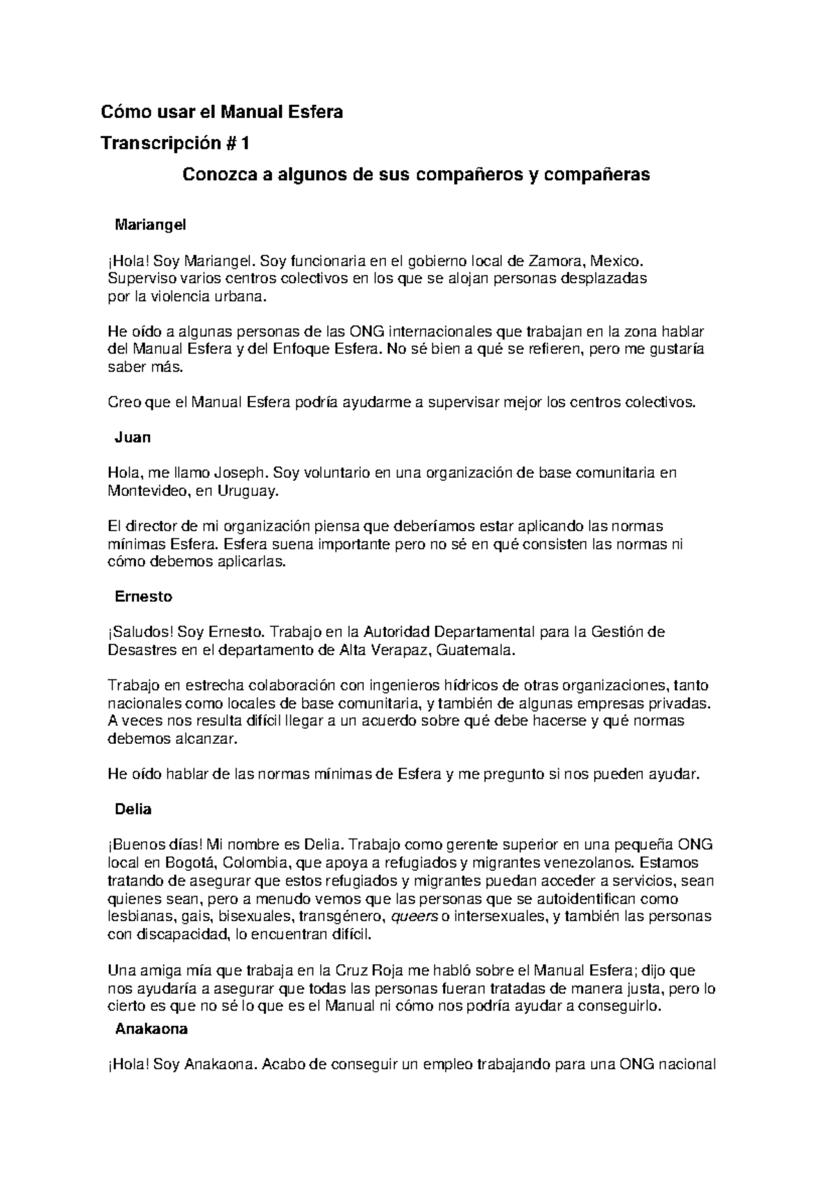 Cómo Usar el Manual Esfera: Transcripción 1 - Studocu