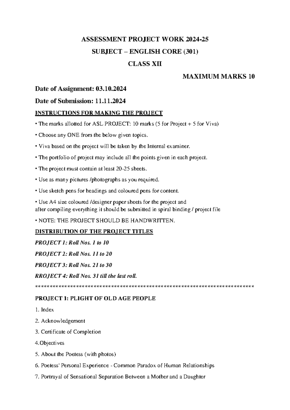 English CORE 301 - Class XII Assessment Project Work 2024-25 - Studocu