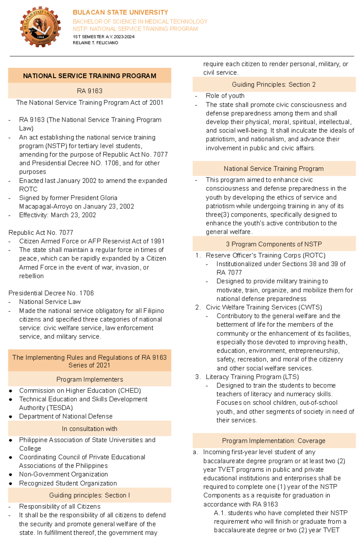 NSTP-BSMT-1A - Comprehensive NSTP Notes for 1st Semester 2023 - Studocu