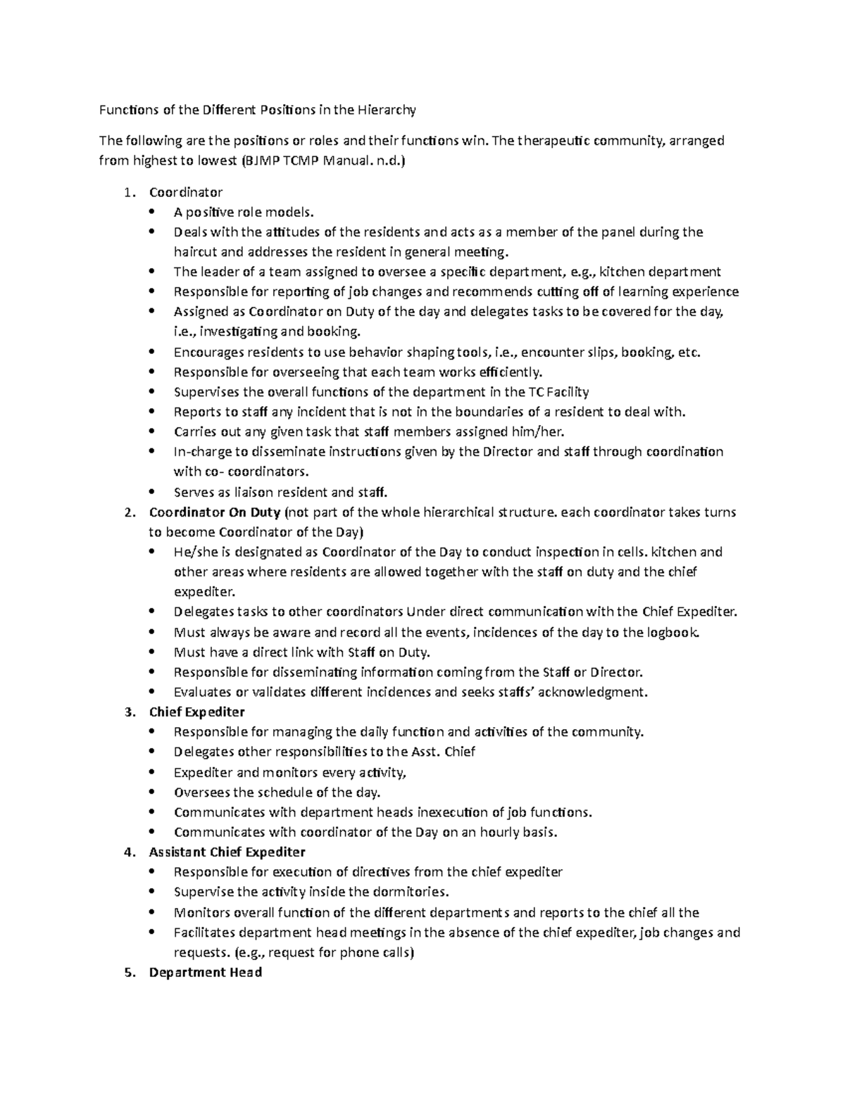 Functions of Positions in the Therapeutic Community Hierarchy (BJMP ...