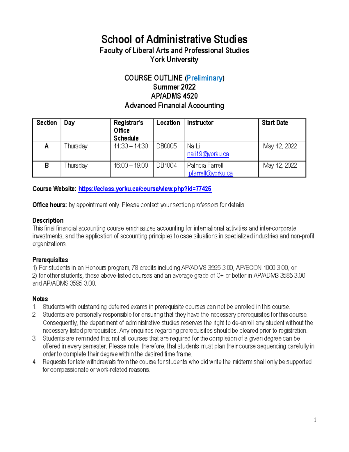 ADMS 4520 - Advanced Financial Accounting Course Outline (Summer 2022 ...