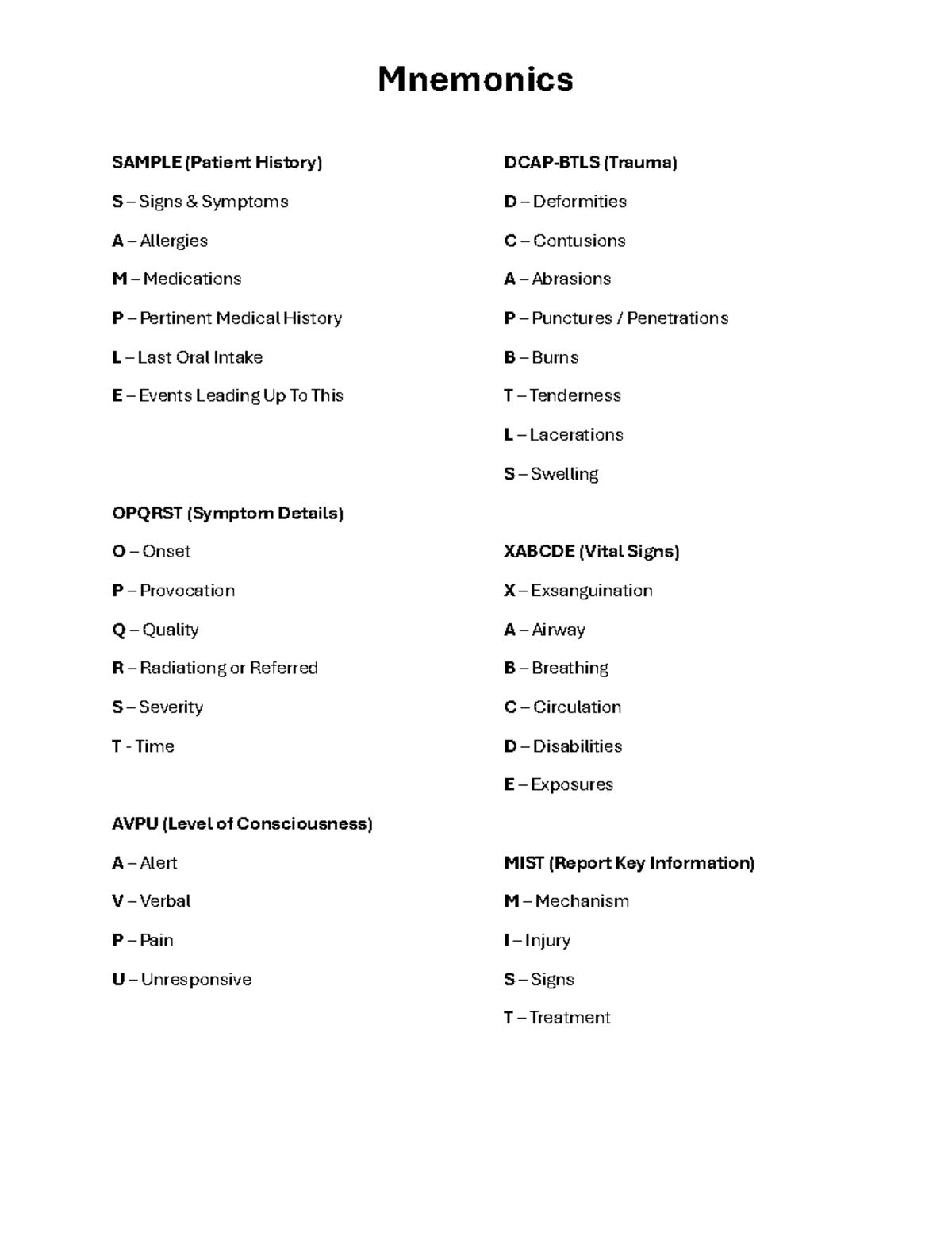 Mnemonics for Patient History in Trauma (SAMPLE, OPQRST, AVPU) - Studocu