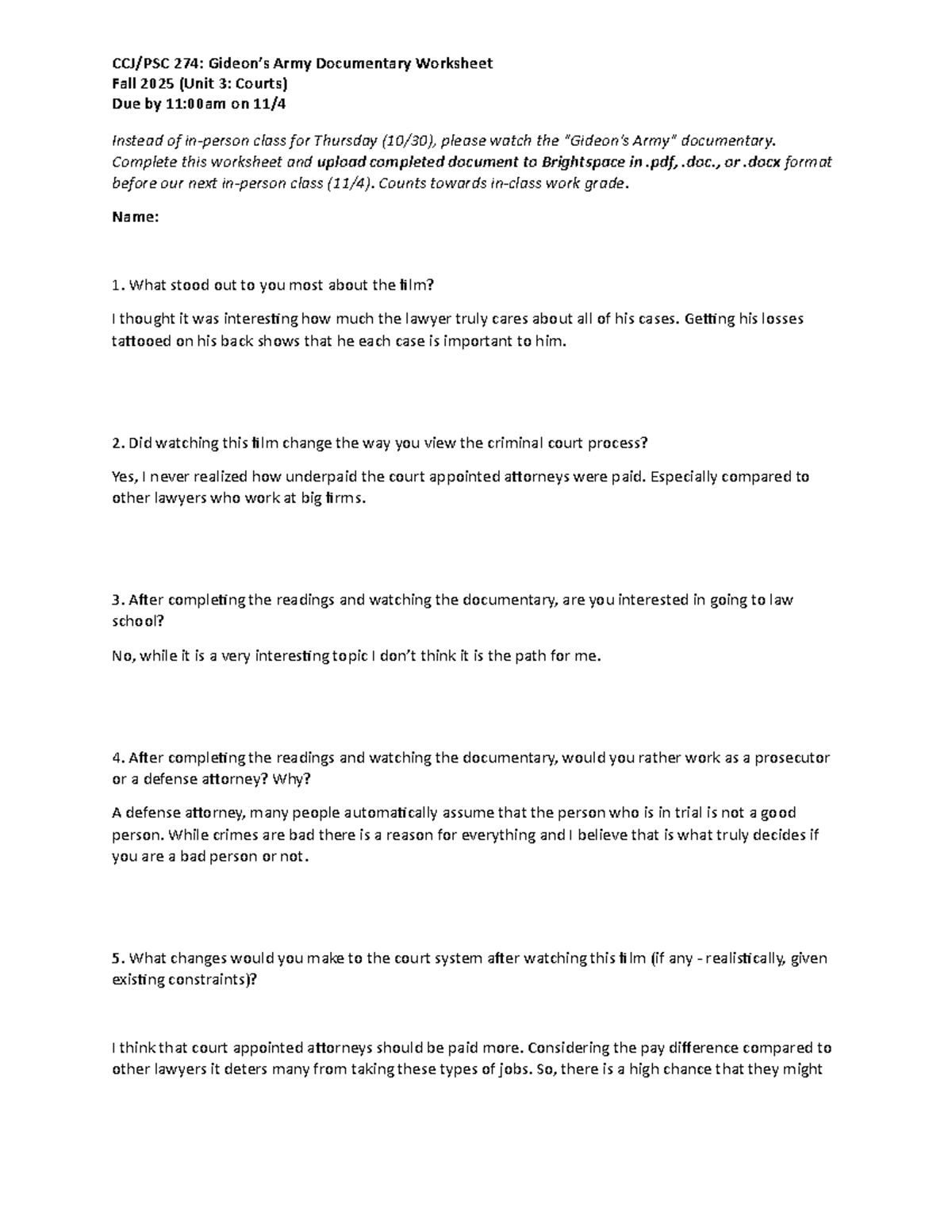 CCJ 274: Gideon's Army Documentary Worksheet Fall 2025 - Studocu