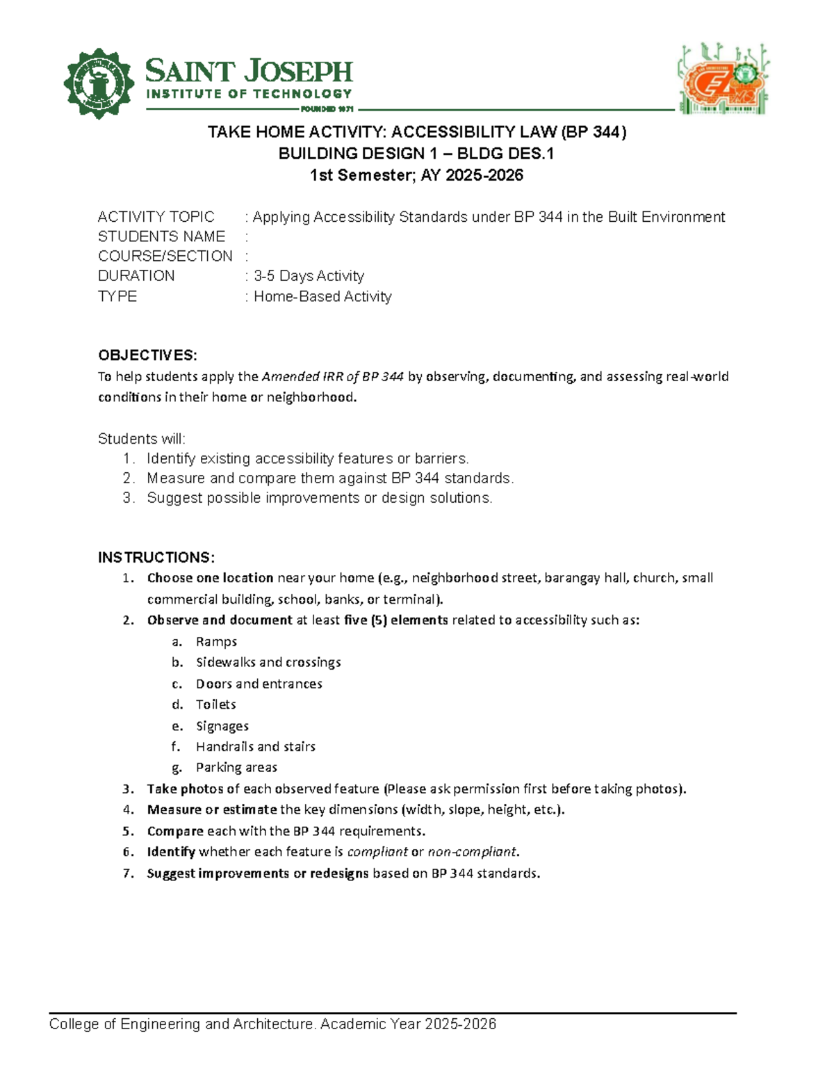 BP 344 Accessibility Law Application Activity - BLDG DES.1 1st AY - Studocu