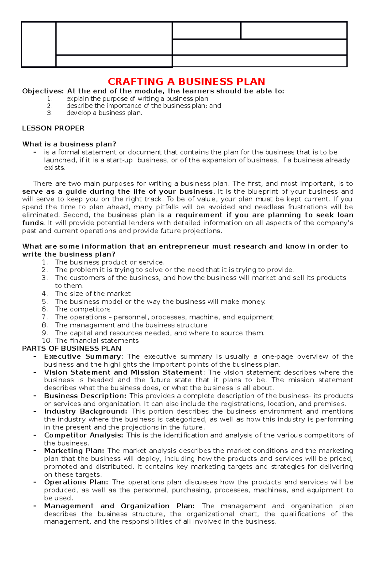 Module 10-Entrepreneurship_Creating a business plan (Crafting ...