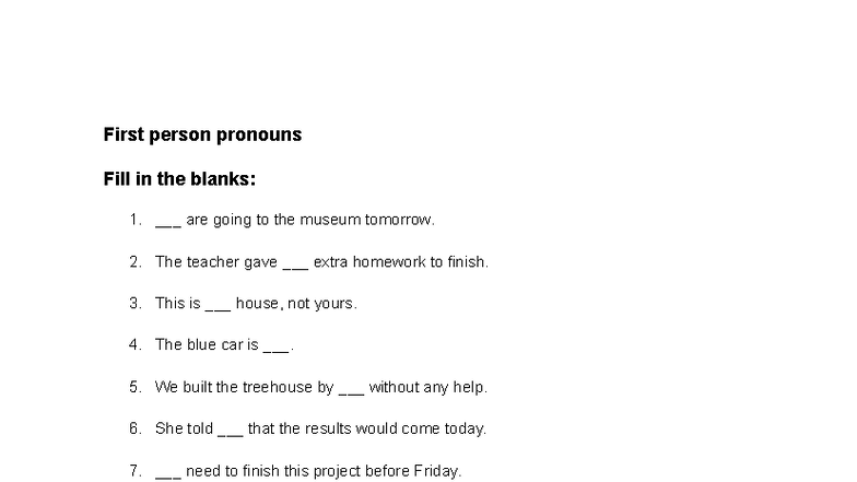 First Person Pronouns Practice: Fill in the Blanks Exercise - Studocu